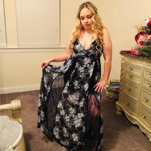 Nikibiki | Dresses | Nikibiki Navy Blue Floral Sheer Side Dress | Poshmark
